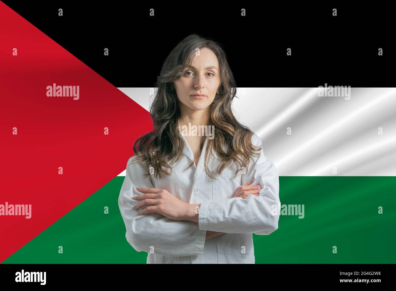 Medicine in Palestinian state. Happy beautiful female doctor in medical ...