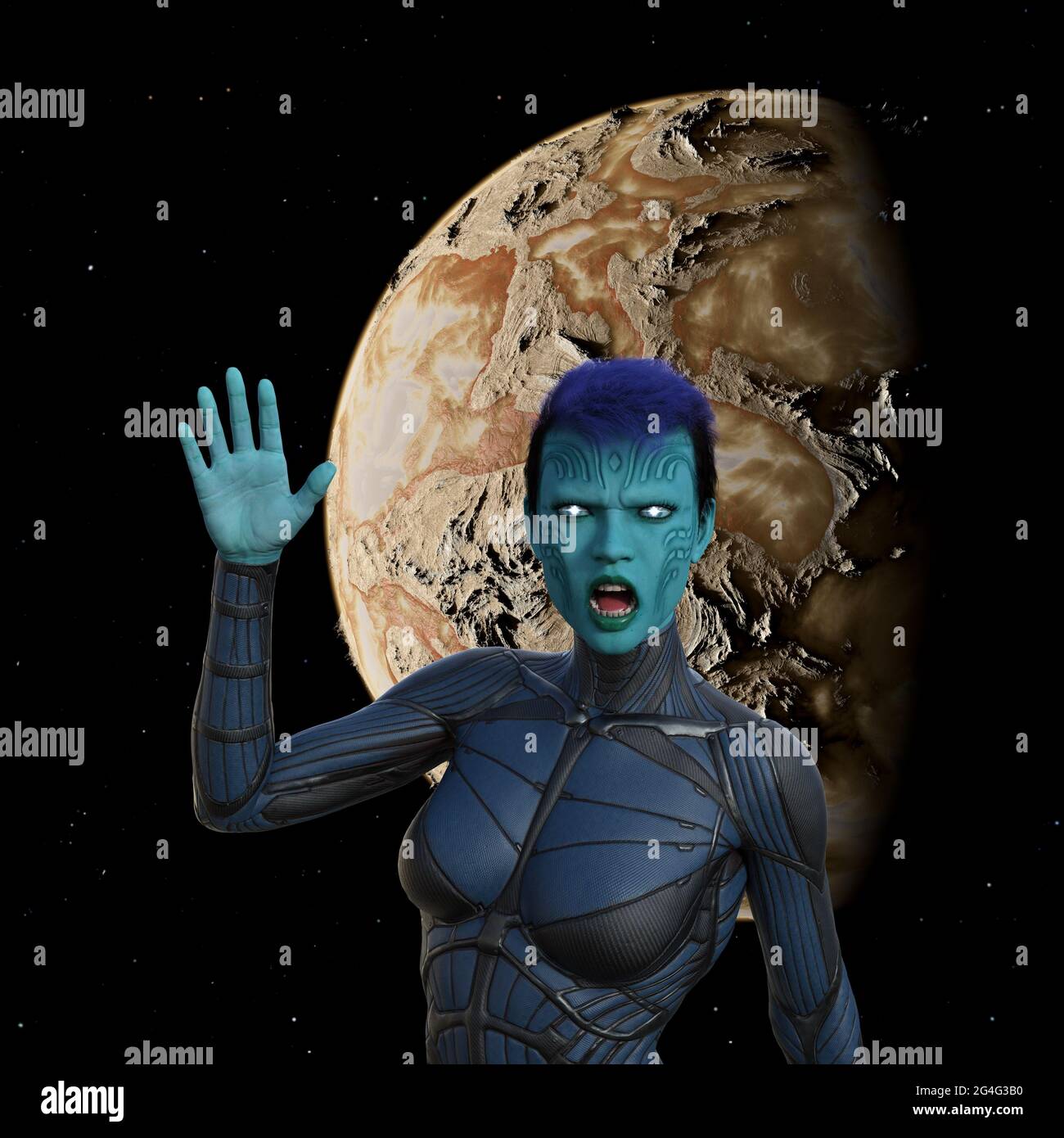 3d illustration of an angry blue skin alien with facial carving and ...