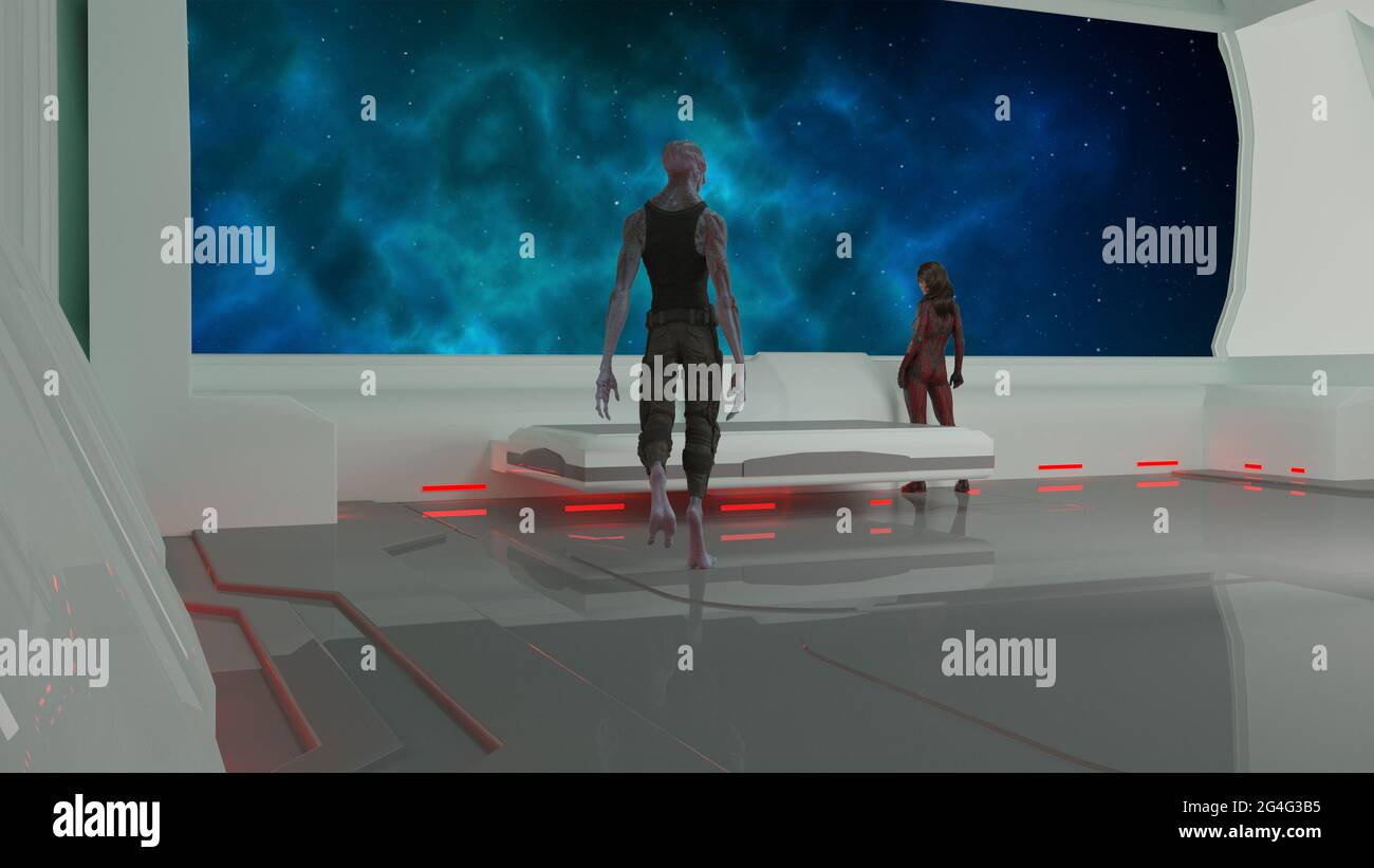 3d illustration of a woman looking out a window at a blue nebula with ...