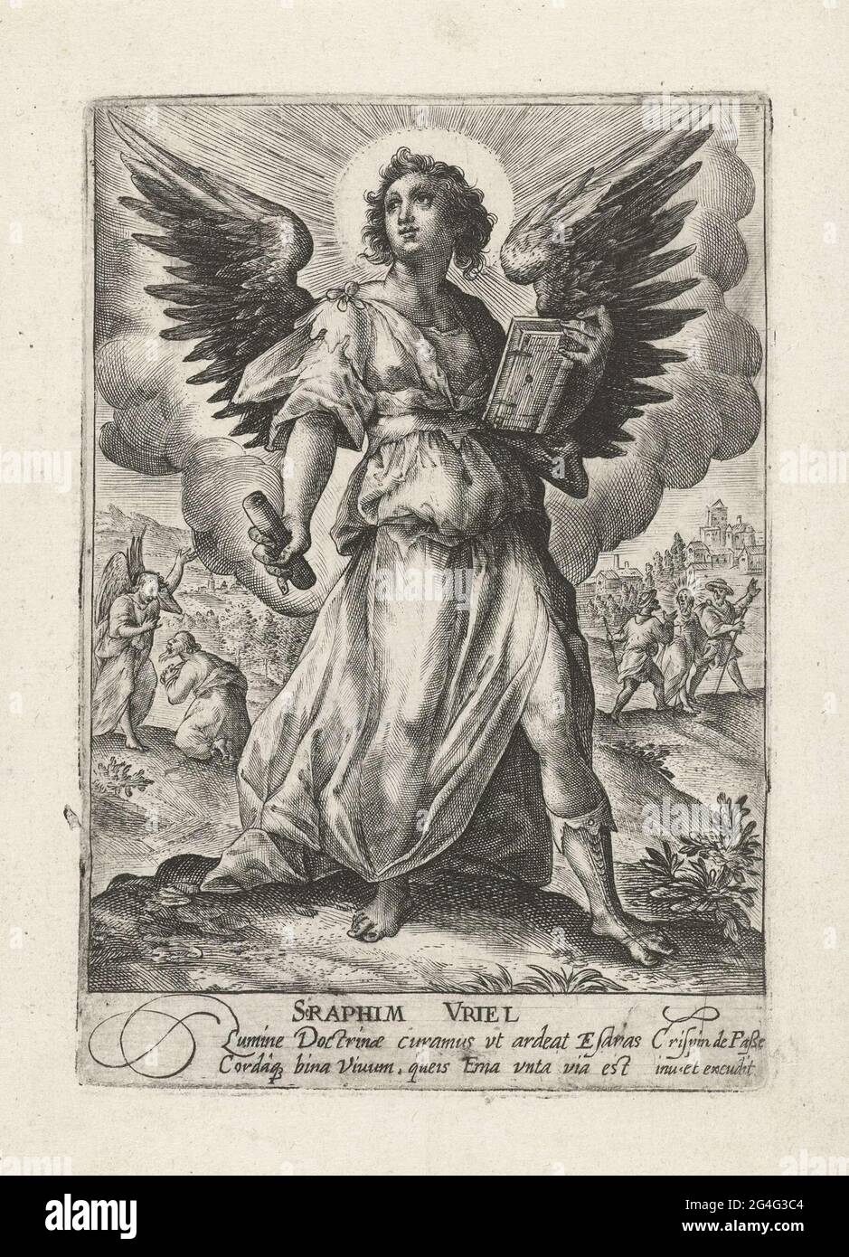 . The Archangel Uriël stands with a book in his left hand and a rolled ...