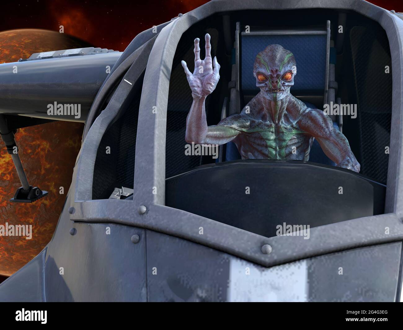 3d illustration of an alien piloting a spaceship while waving and ...