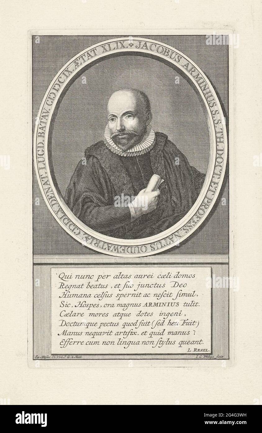 . Portrait of the theologian Jacobus Arminius, at the age of 49. In the ...