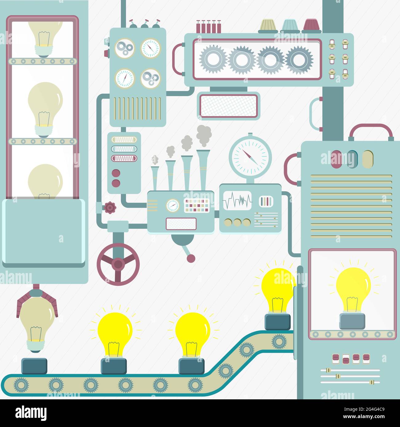 Factory of light bulb with machines. Industry of creativity. Conceptual ...