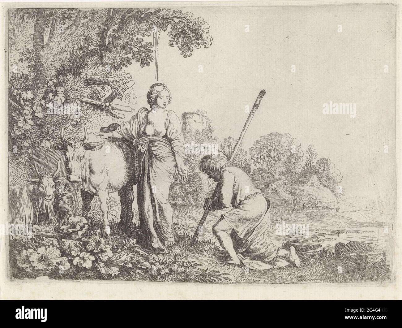 . Juno leaves the cow (Io) by the giant argus. Argus kneels for Juno ...