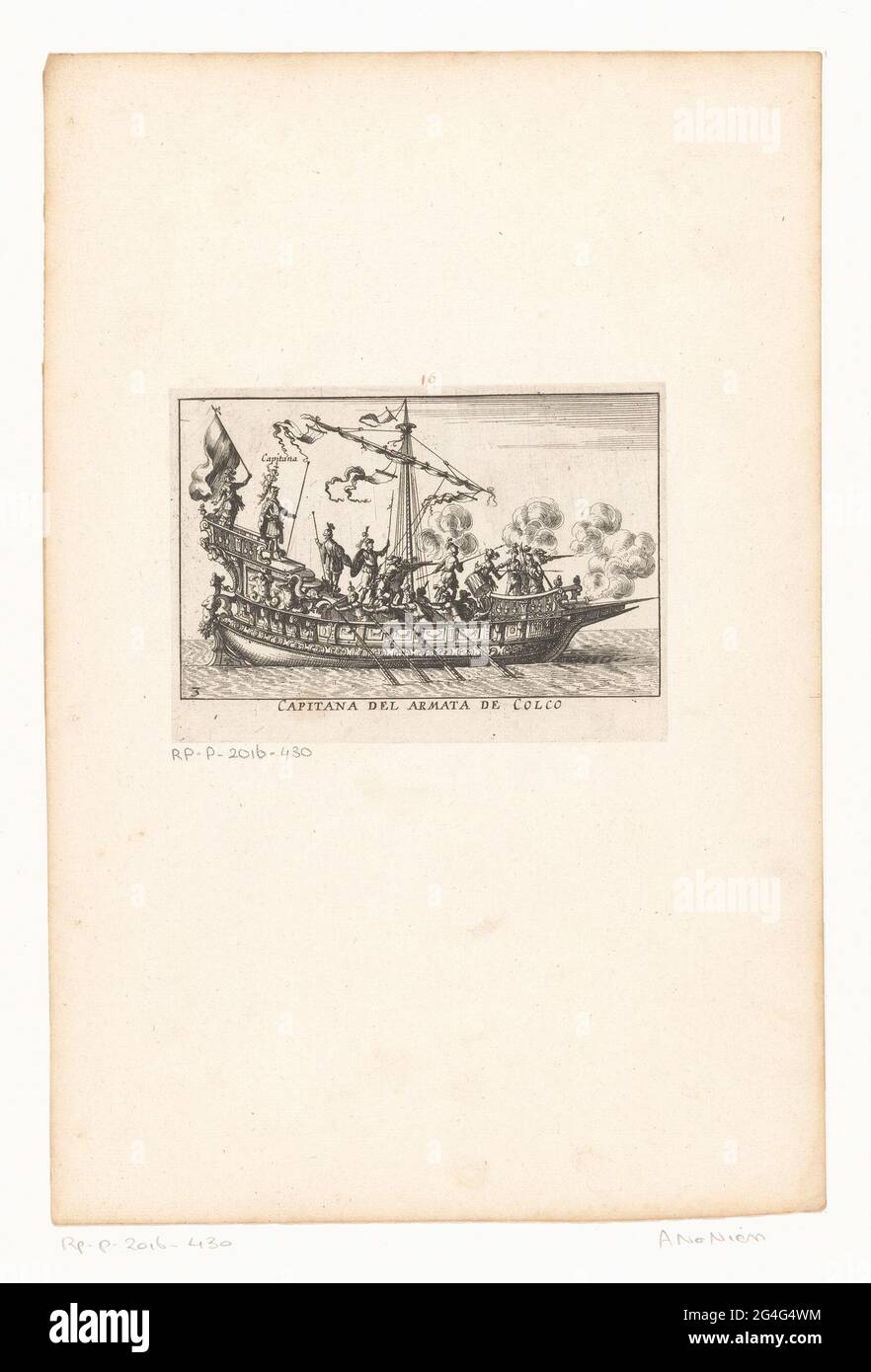 Ship with shooting soldiers and captain; Capitana del Armata de Colco ...