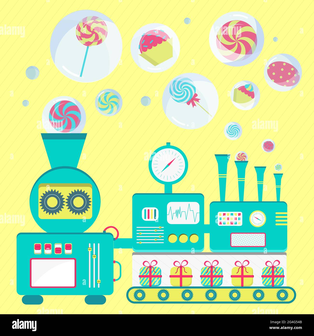 Creative candy factory. Machine producing sweets in soap bubbles Stock ...