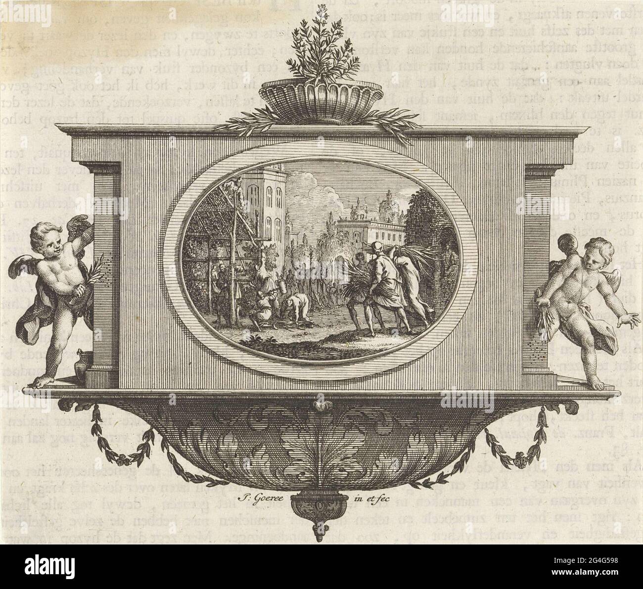 . Ornamental cartouche with hopsop above the plant. A putto on either ...