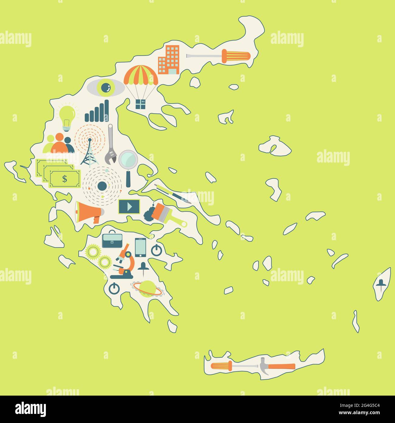 Contour map of Greece with icons of technology, business, science ...