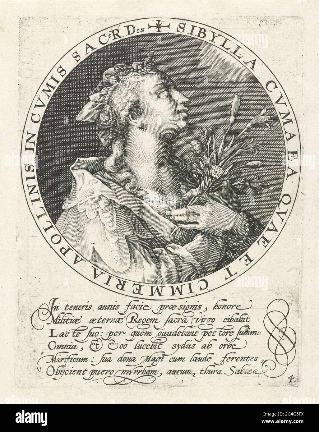 . Bust of the Sibille of Cumae. In her hands she holds a bouquet with ...