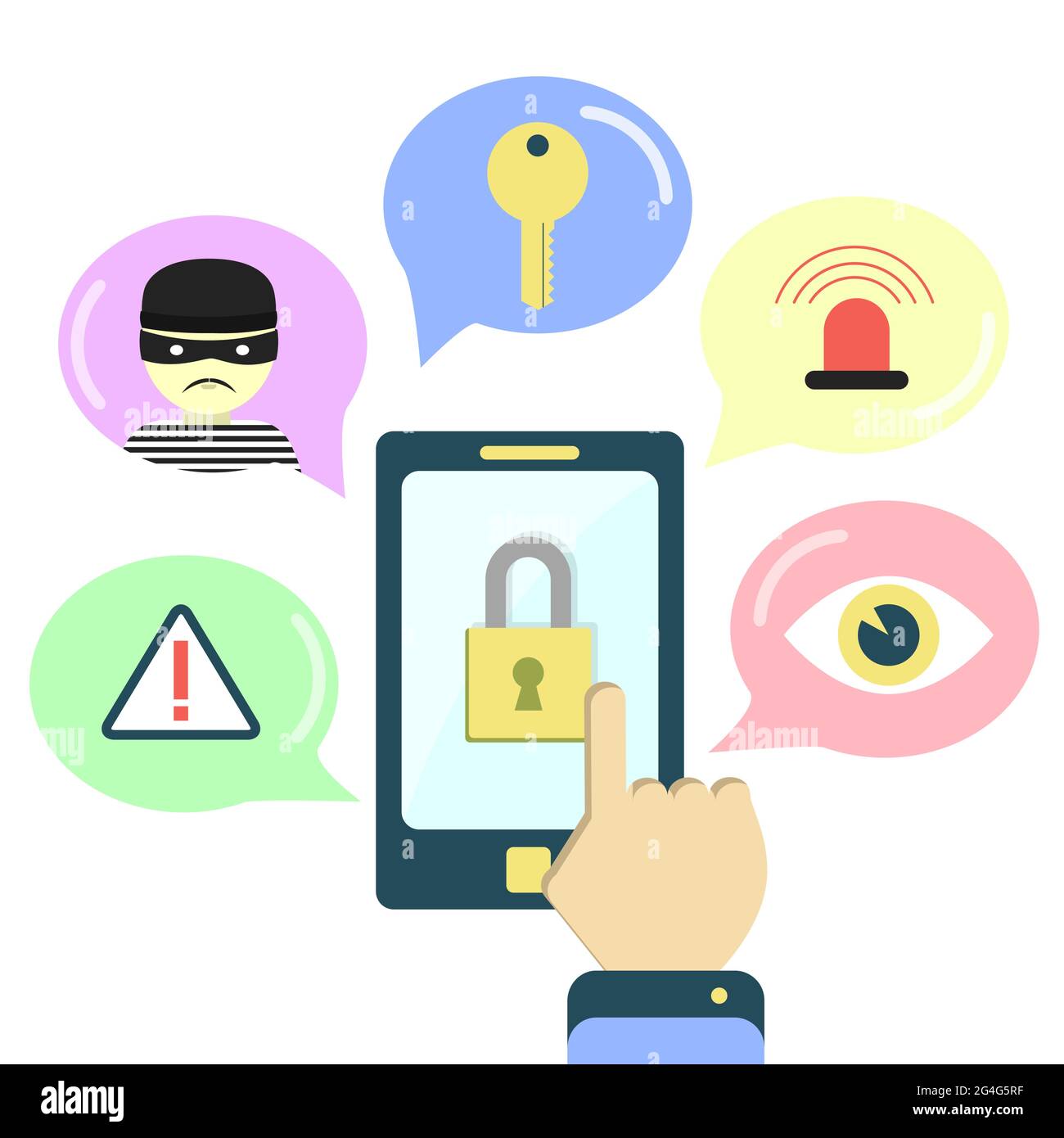 Security application on the smartphone. Balloons with icons of security ...