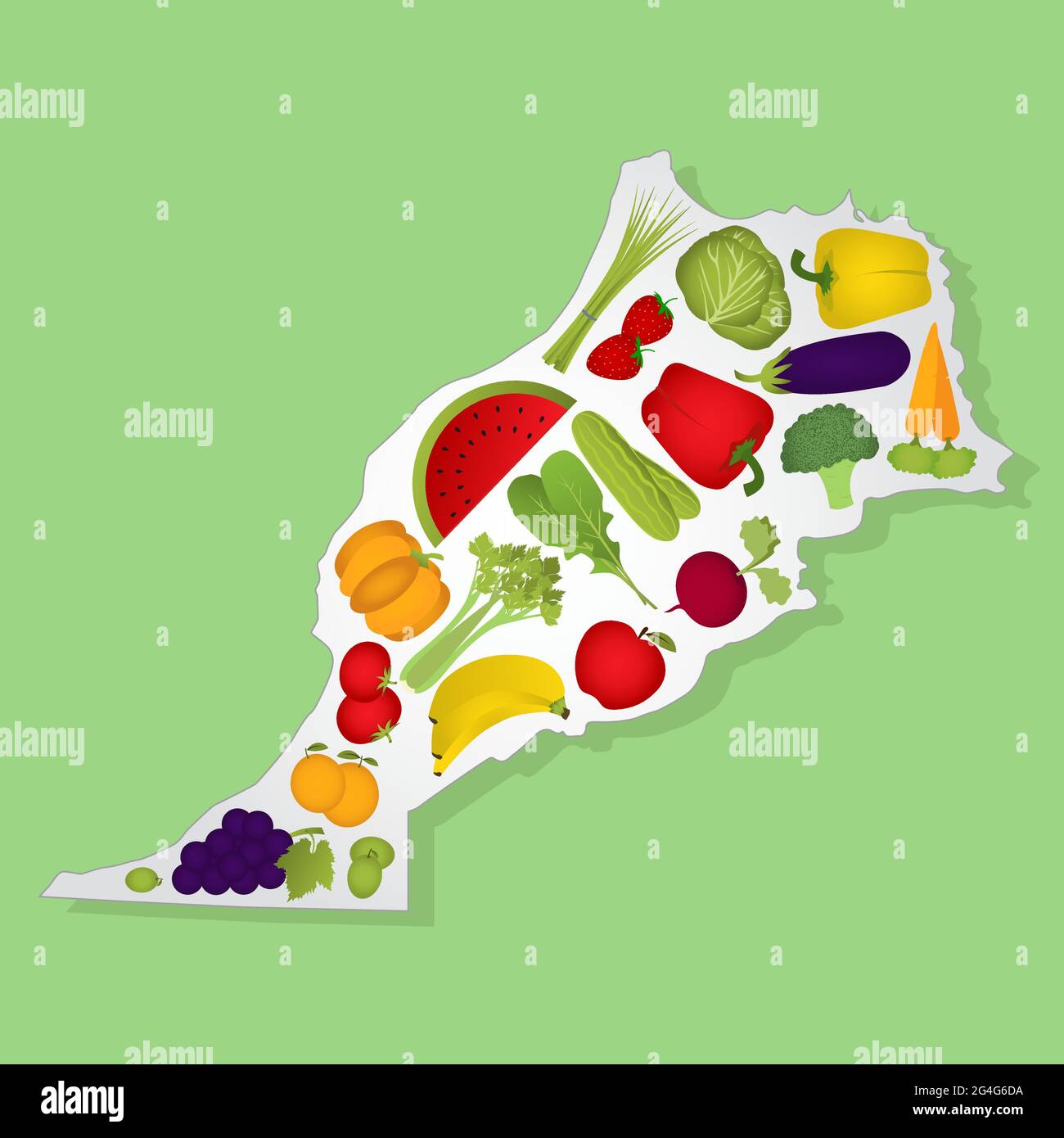 Map of Marocco full of fruits and vegetables. Green background Stock ...