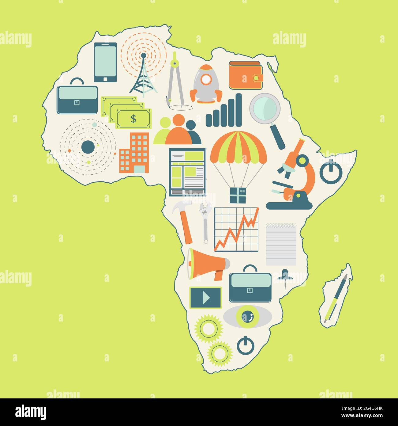 Contour map of Africa with icons of technology, business, science ...