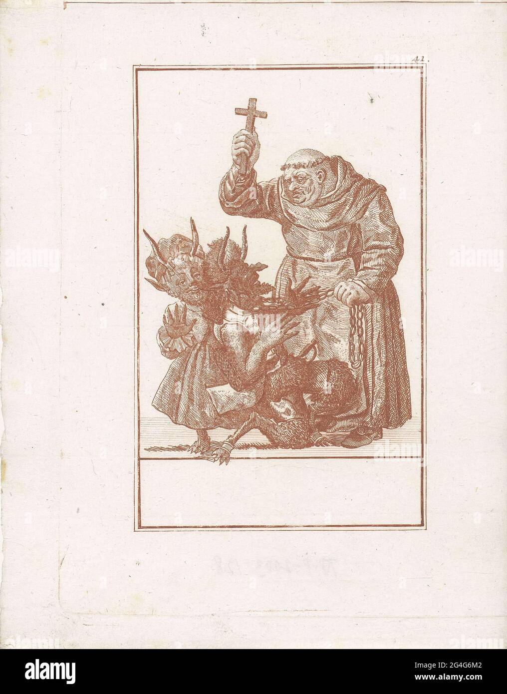 . A thick monk with a crucifix in hand. He threatens two devilish ...