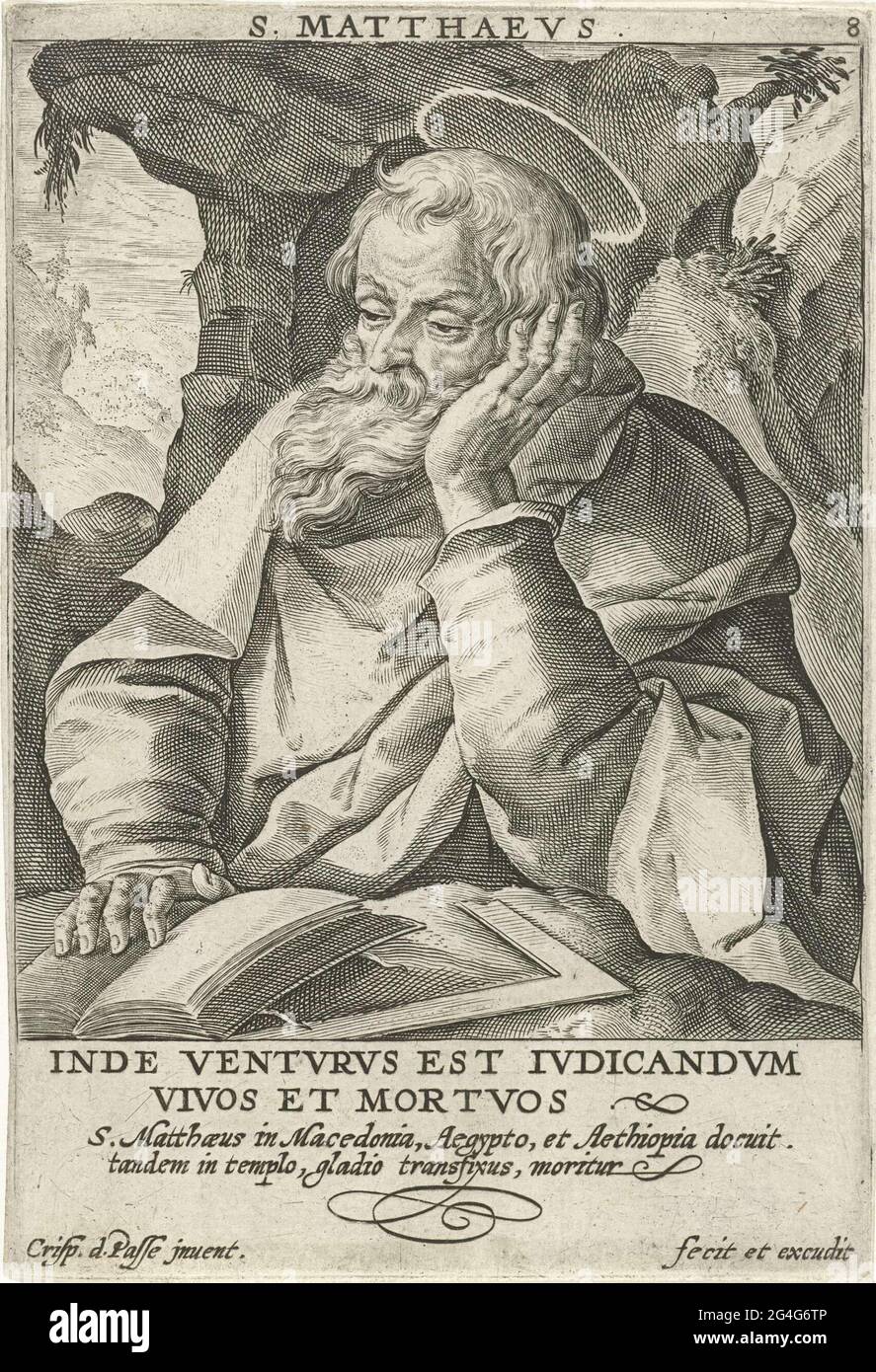 . Bust of the Apostle Matthew, a drawing instrument and a opened book ...