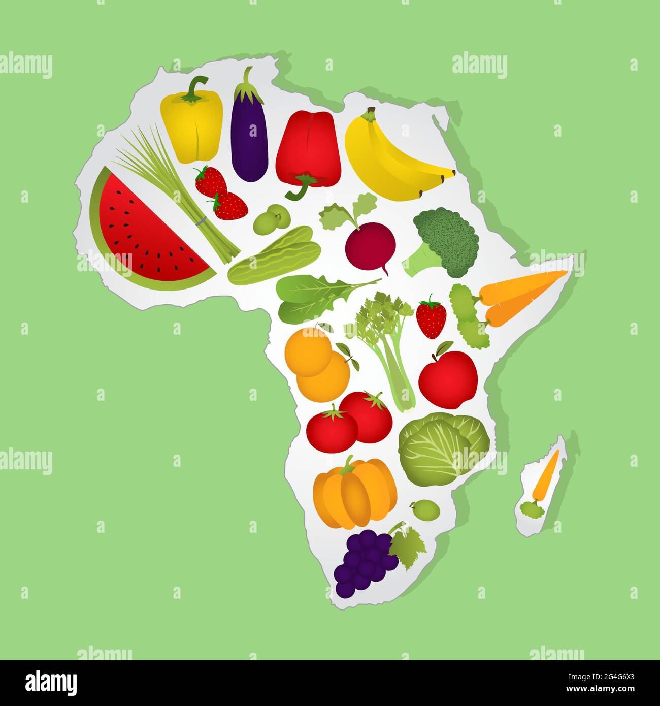Map of Africa full of fruits and vegetables. Green background Stock ...