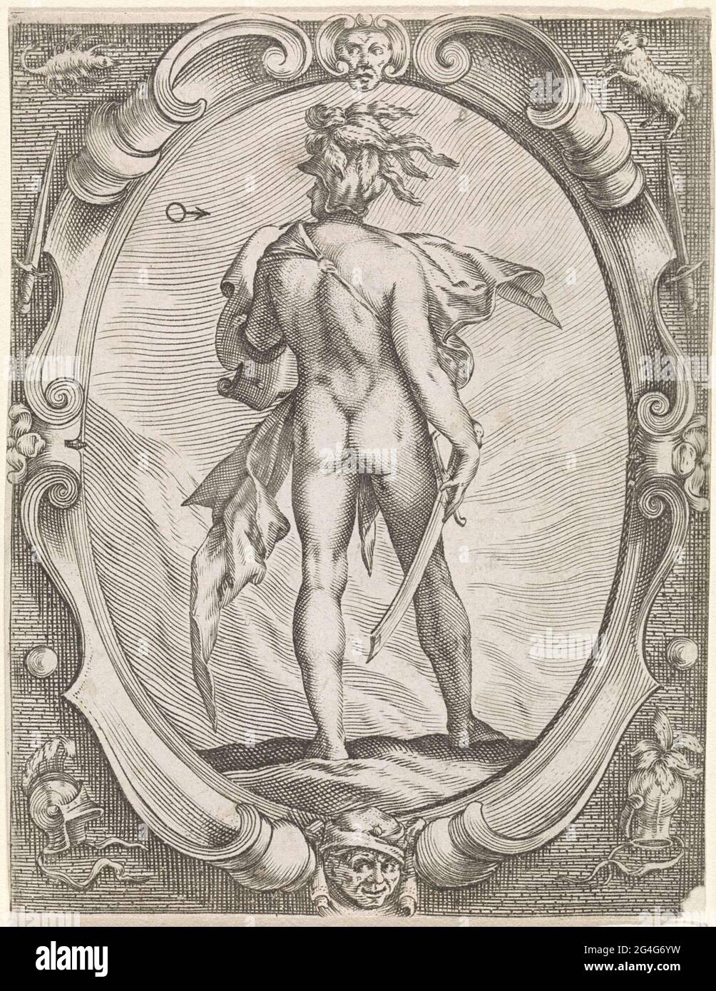 . Mars, seen on the back, shield, helmet and sword. Left of him the ...