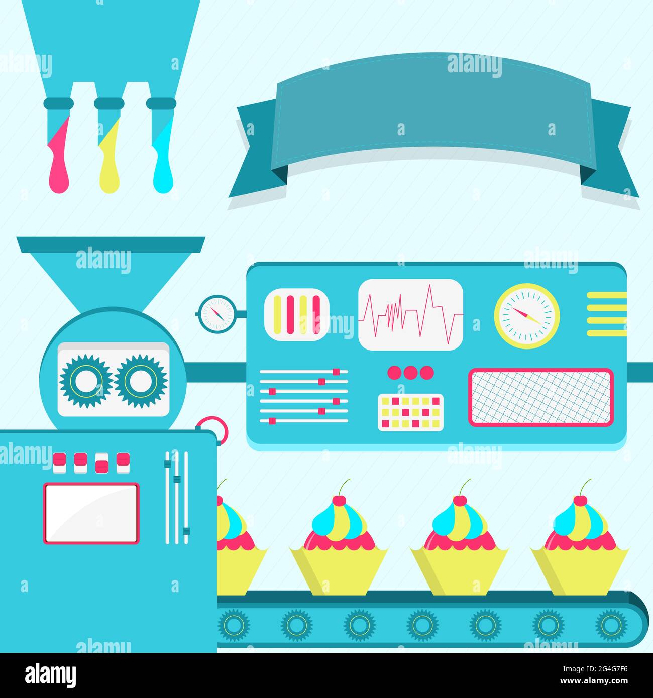 Vector illustration of factory producing cupcakes. Cupcake production ...