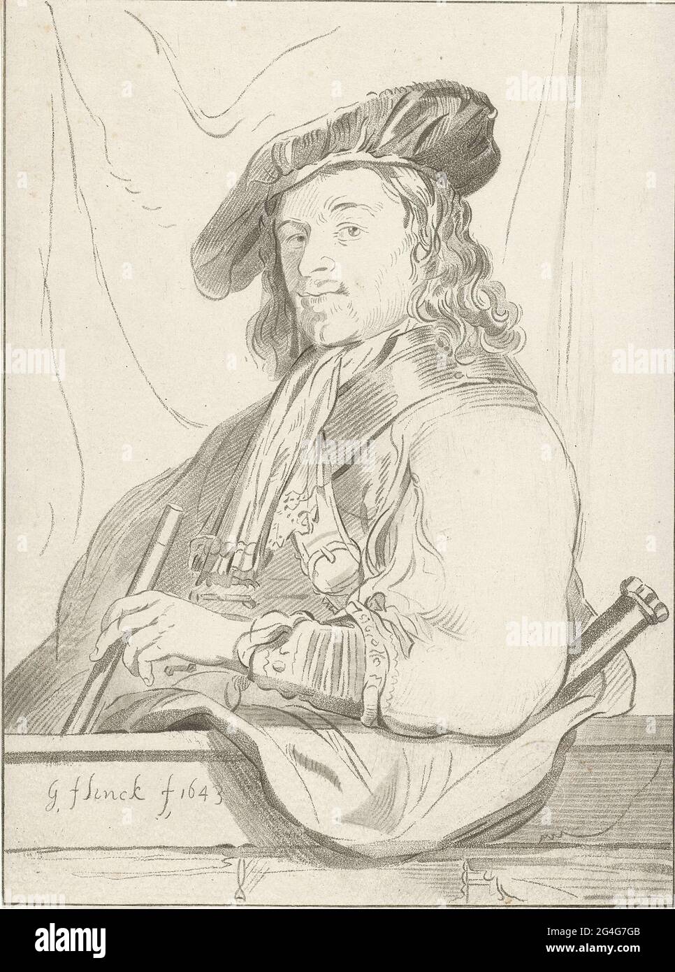 . Behind a parapet is a man with a beret on his head and binoculars in ...