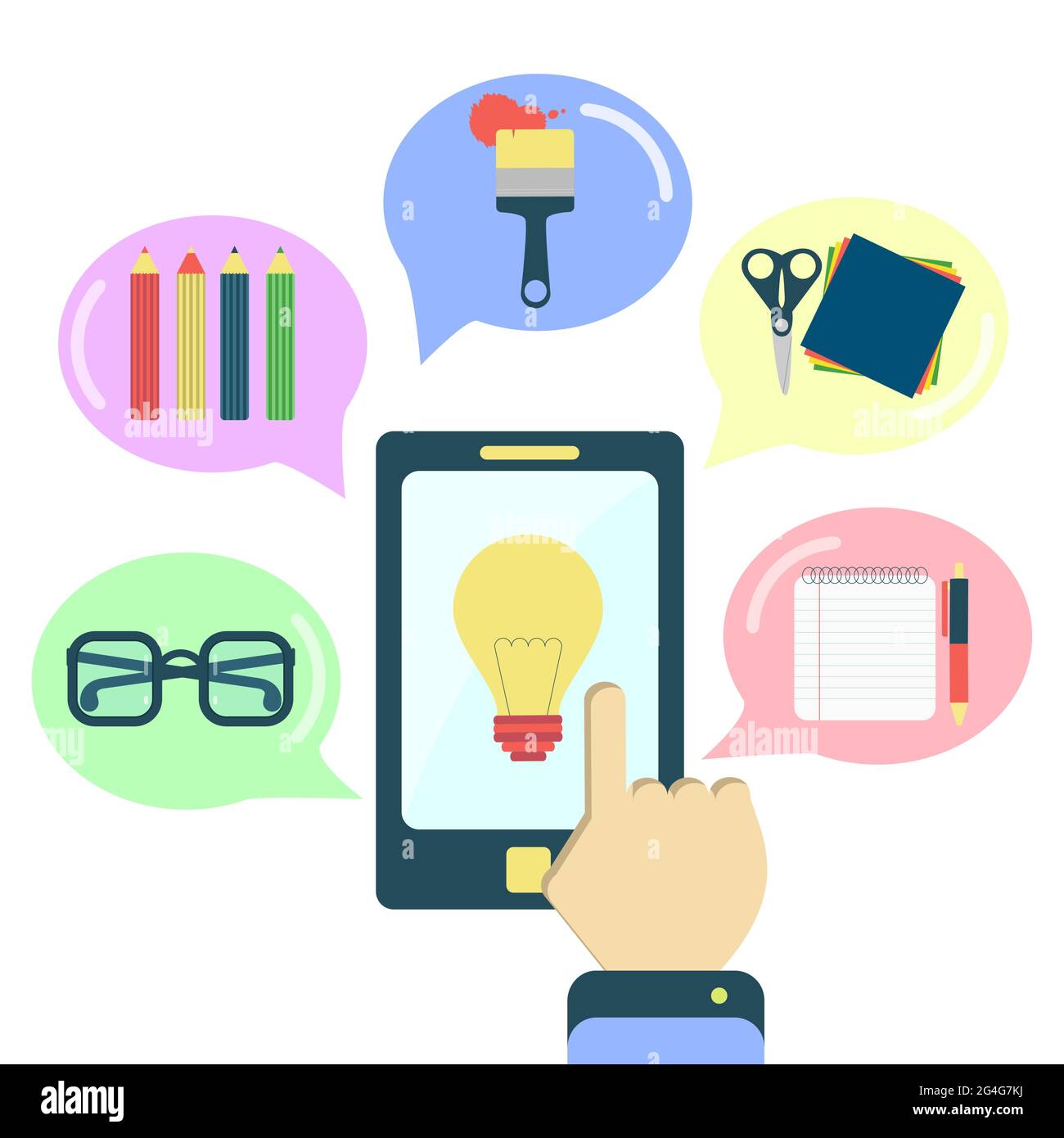 Creativity application on the smartphone. Balloons with icons of ...