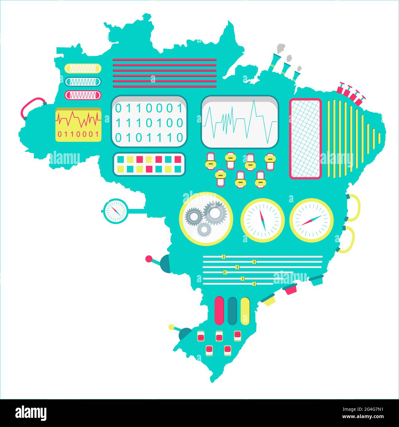 Map of Brazil like a cute machine with buttons, panels and levers ...