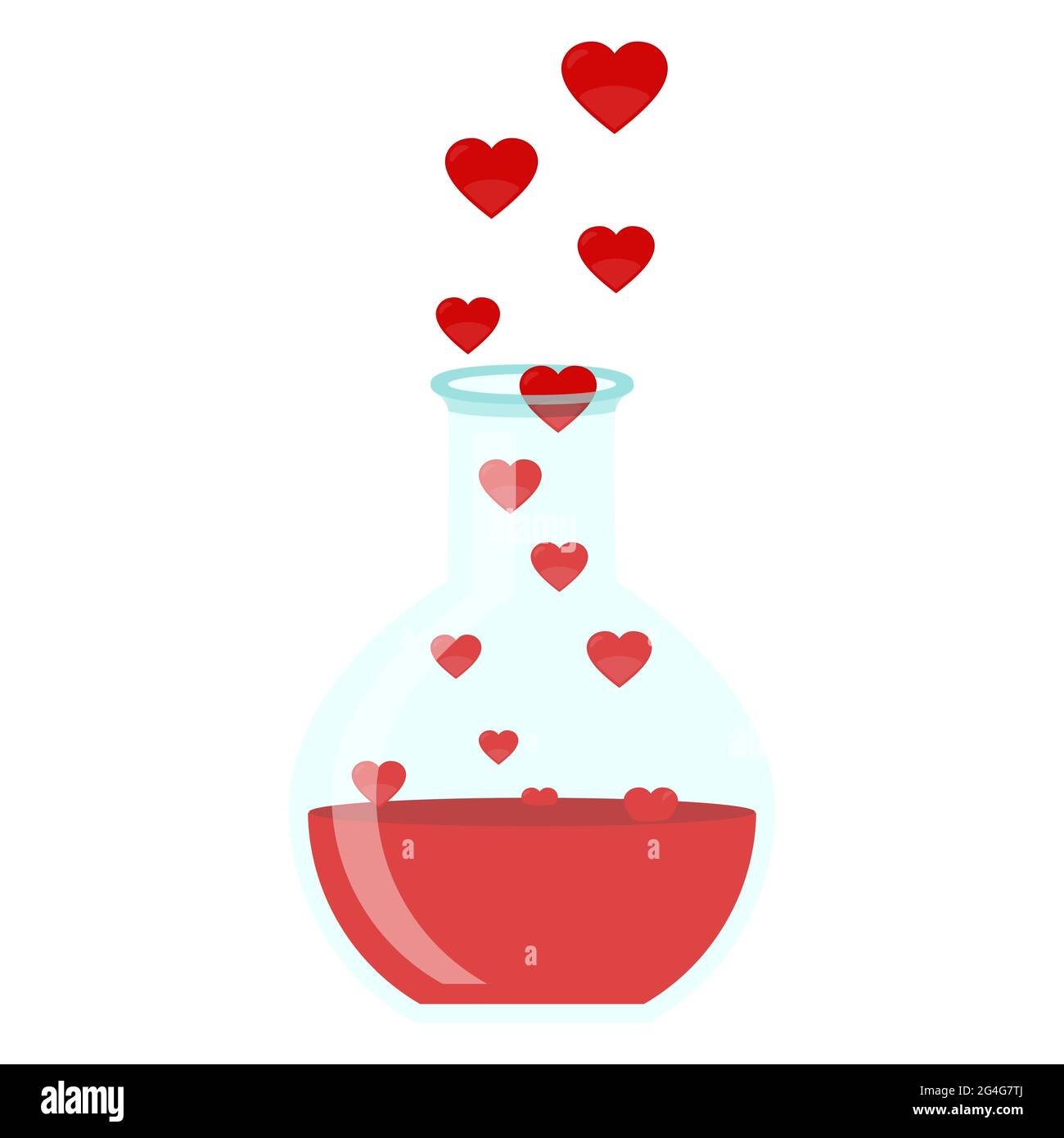 Transparent glass with red liquid out hearts. Potion of passion ...