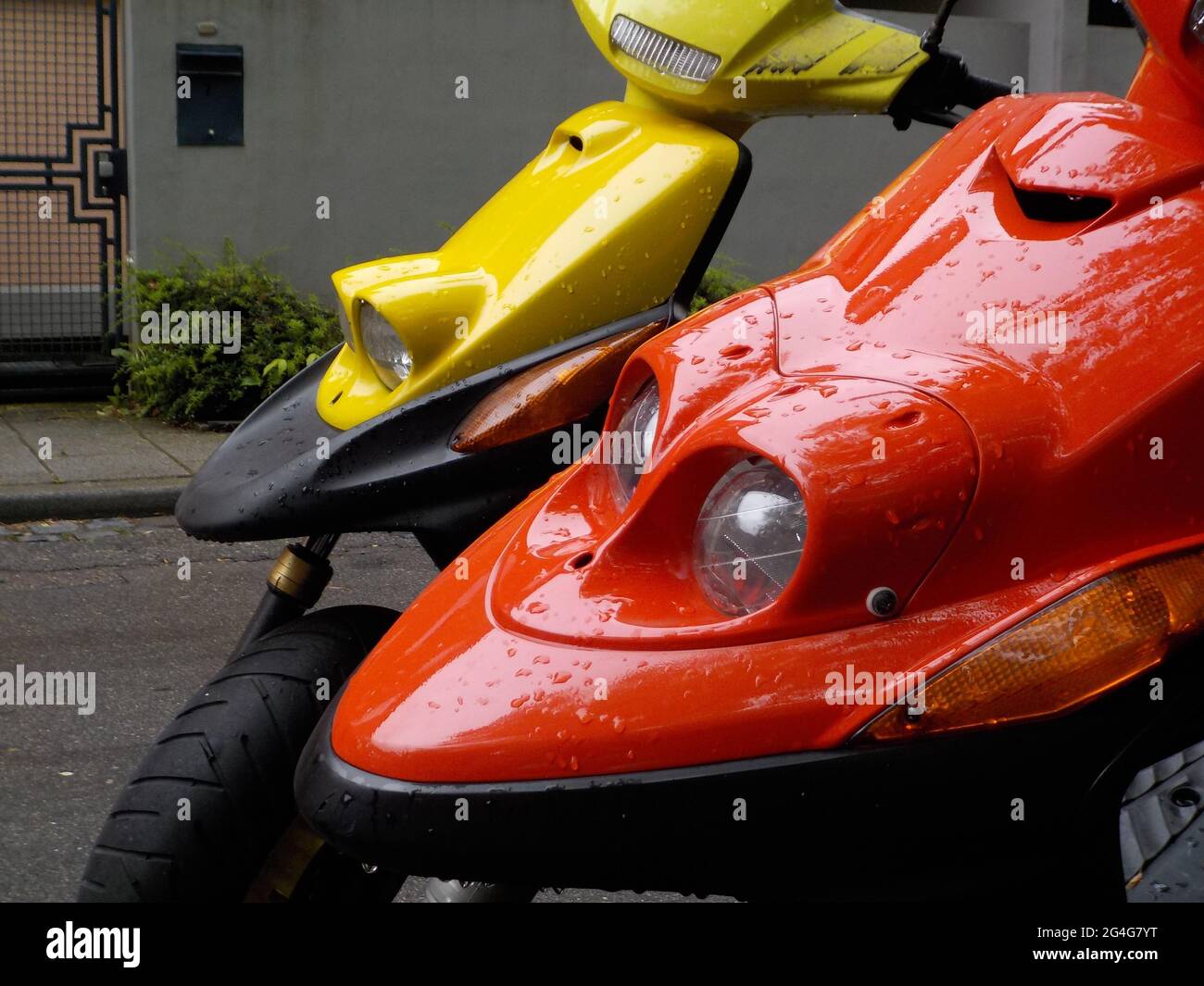 The yellow and red platic front skirts of two motor scooters with ...