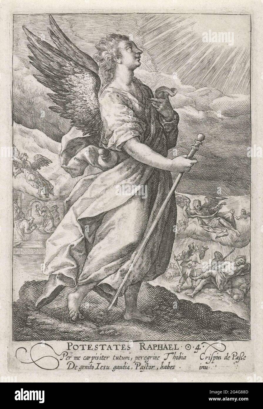 . The Archangel Rafaël stands with a staff in his right hand and looks ...