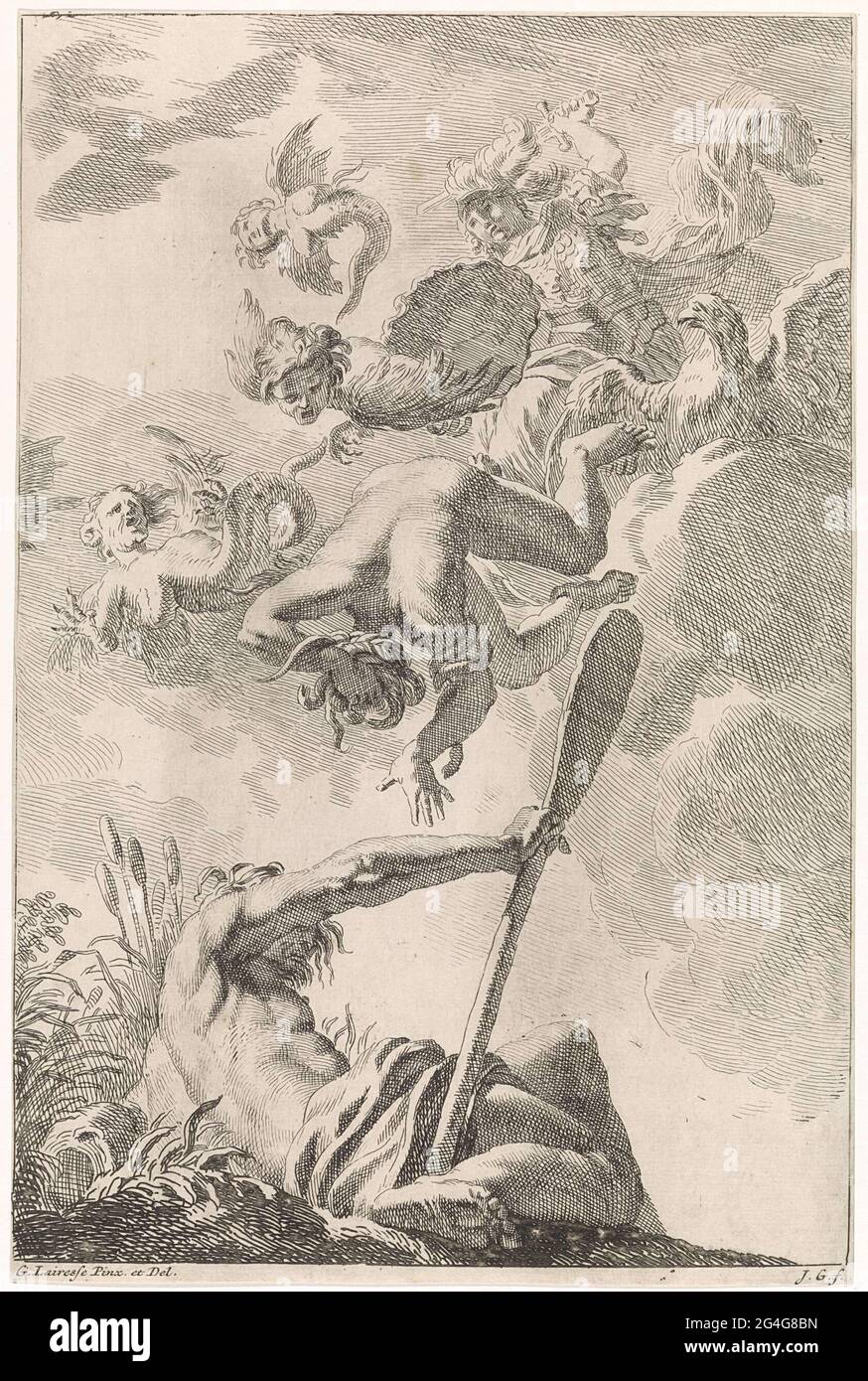 . The goddess Minerva dispels three harpies and the personification of ...