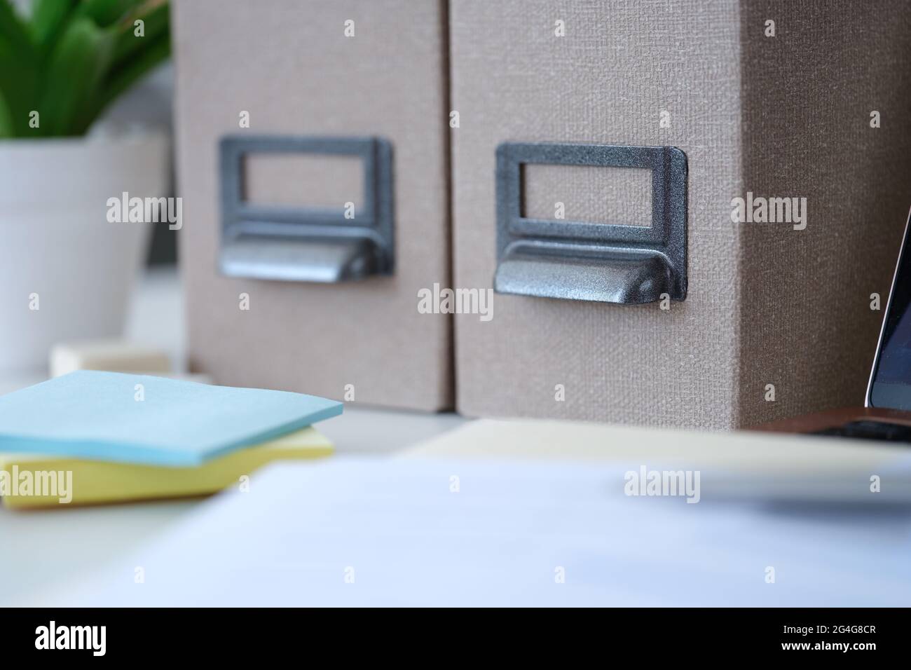 Folders for papers and colorful stickers lying on table closeup Stock ...