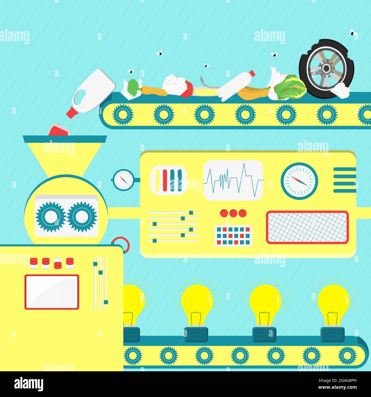Vector illustration of factory producing energy (eletric lamp) from ...