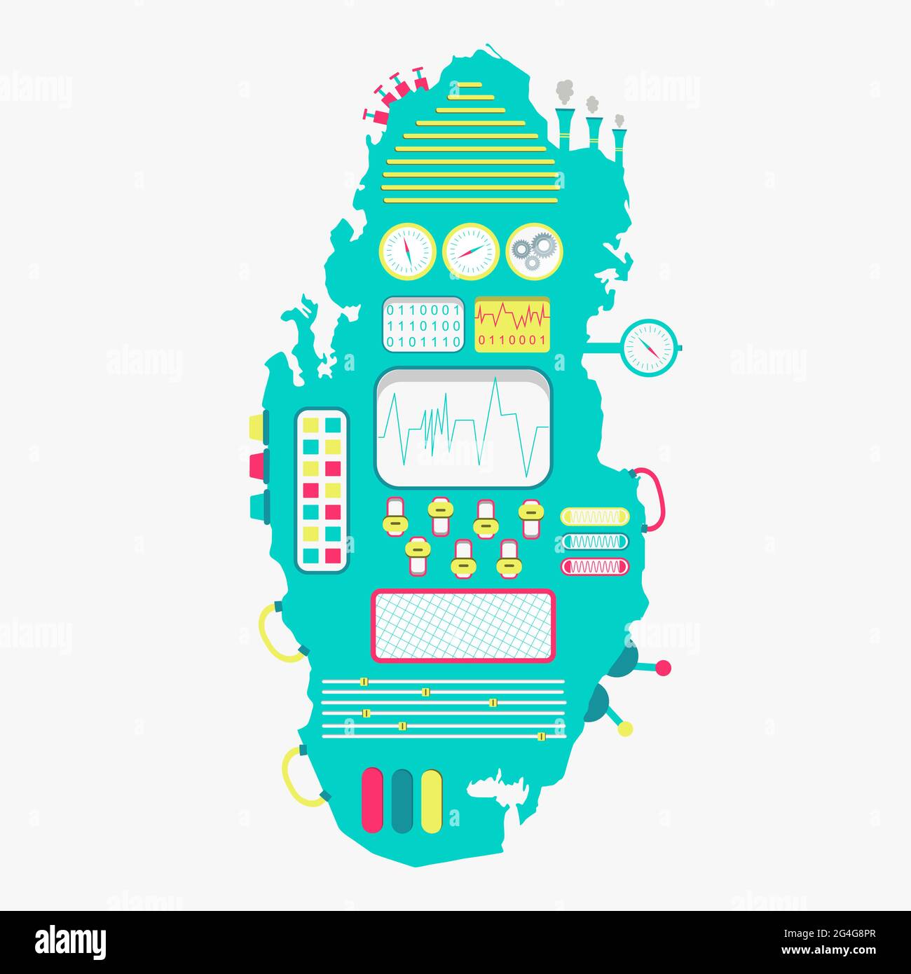 Map of Qatar like a cute machine with buttons, panels and levers ...