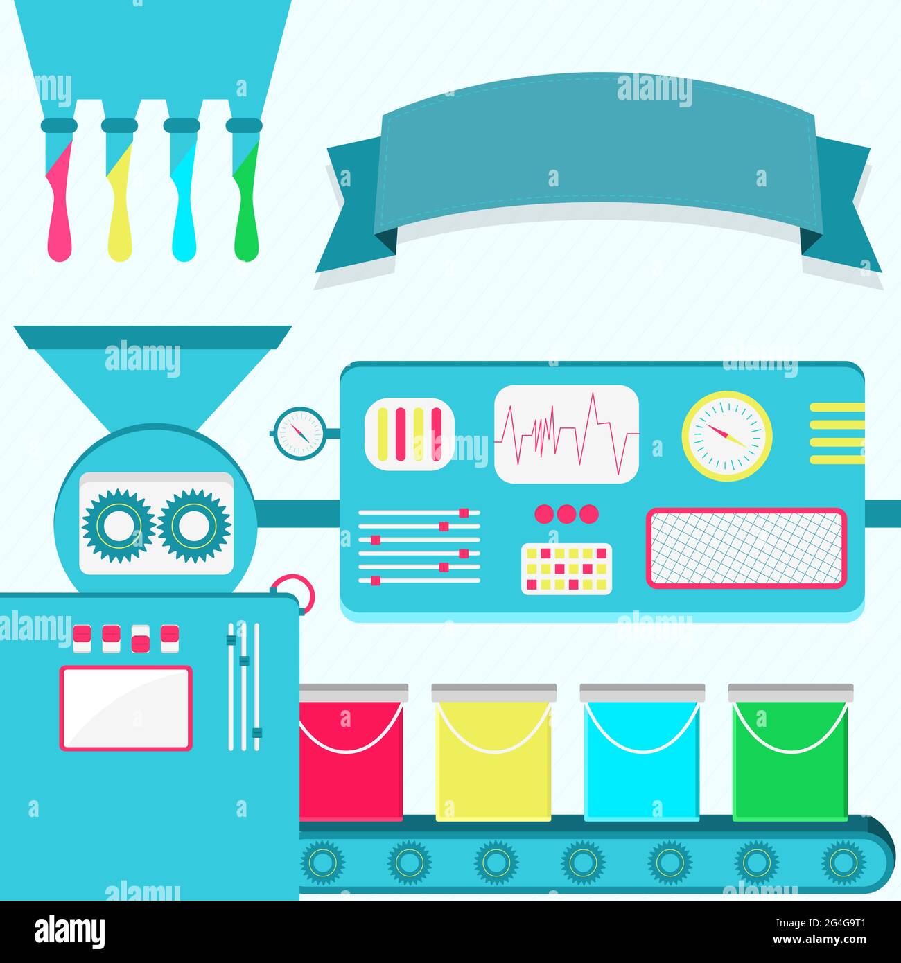 Vector illustration of factory producing paint pails. Paint pail ...