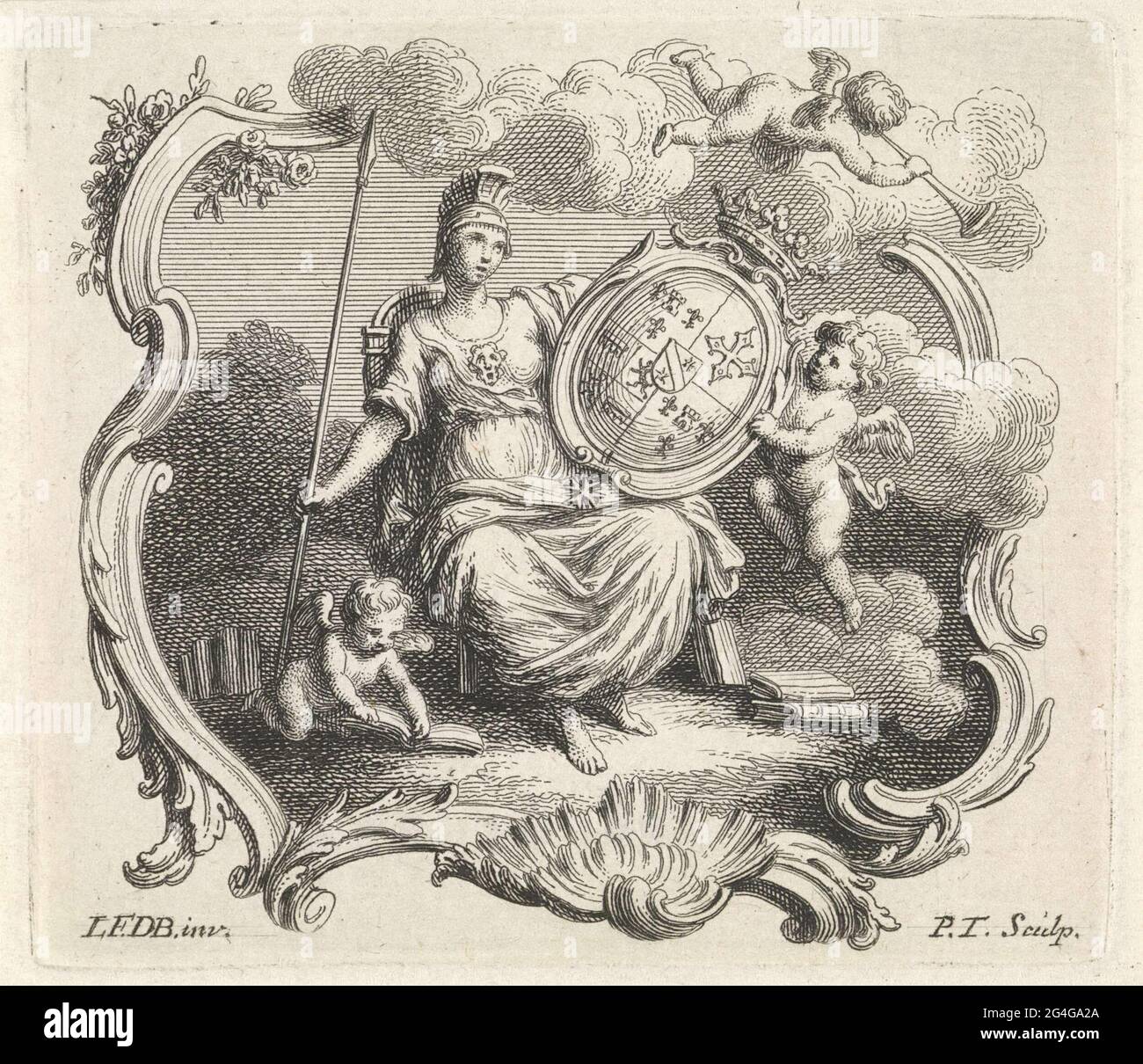 . Minerva, with a crowned coat of arms in her hand, surrounded by three ...