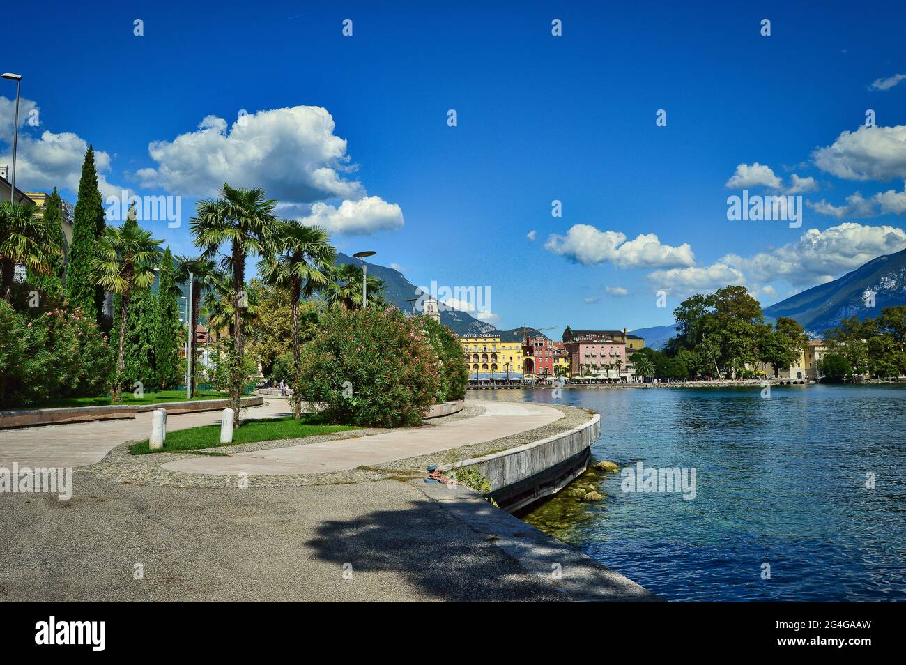 beautiful landscape of Riva del Garda, Italy- garda lake with pier ...