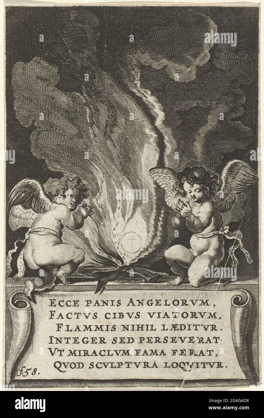 . Two small angels kneel on fire and pray and honor the intact host. On ...