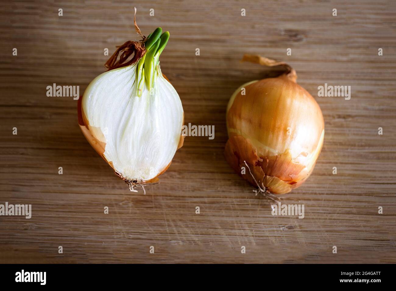 A sprouting bulb or common onion cut in half and lying on a wooden ...