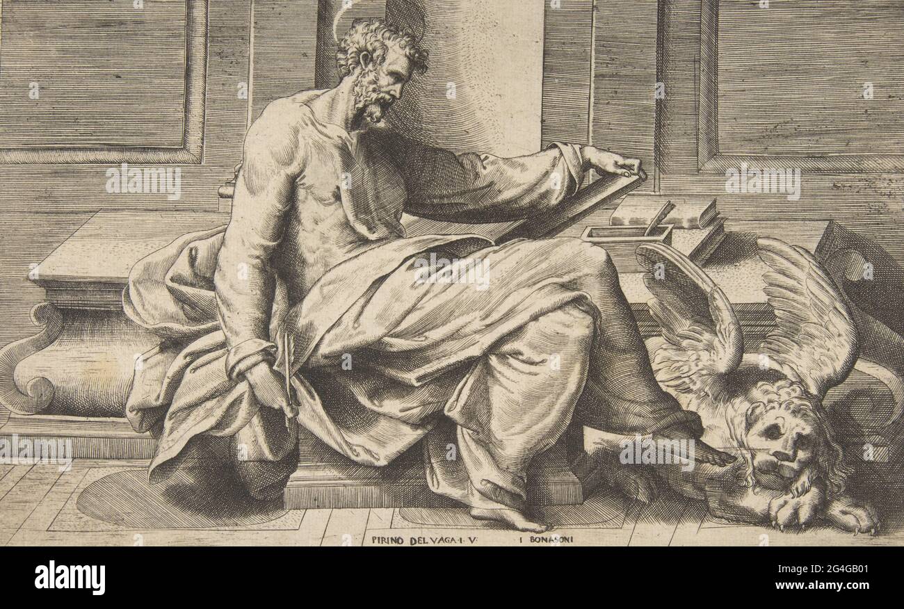 Saint Mark writing his Gospel, a winged lion at the right, 1531-76 ...