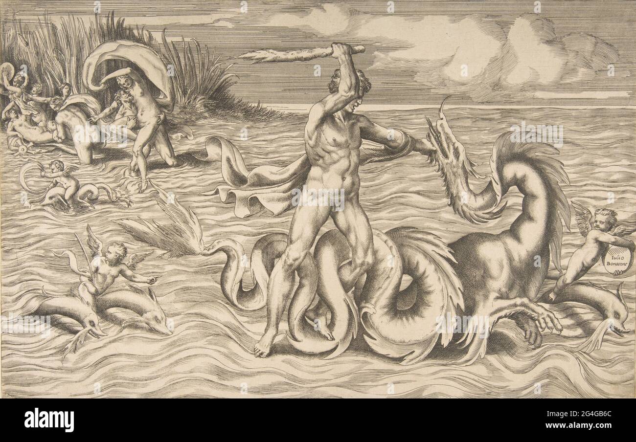 Hercules fight adragon in the centre, Achelous carrying off Deianeira ...