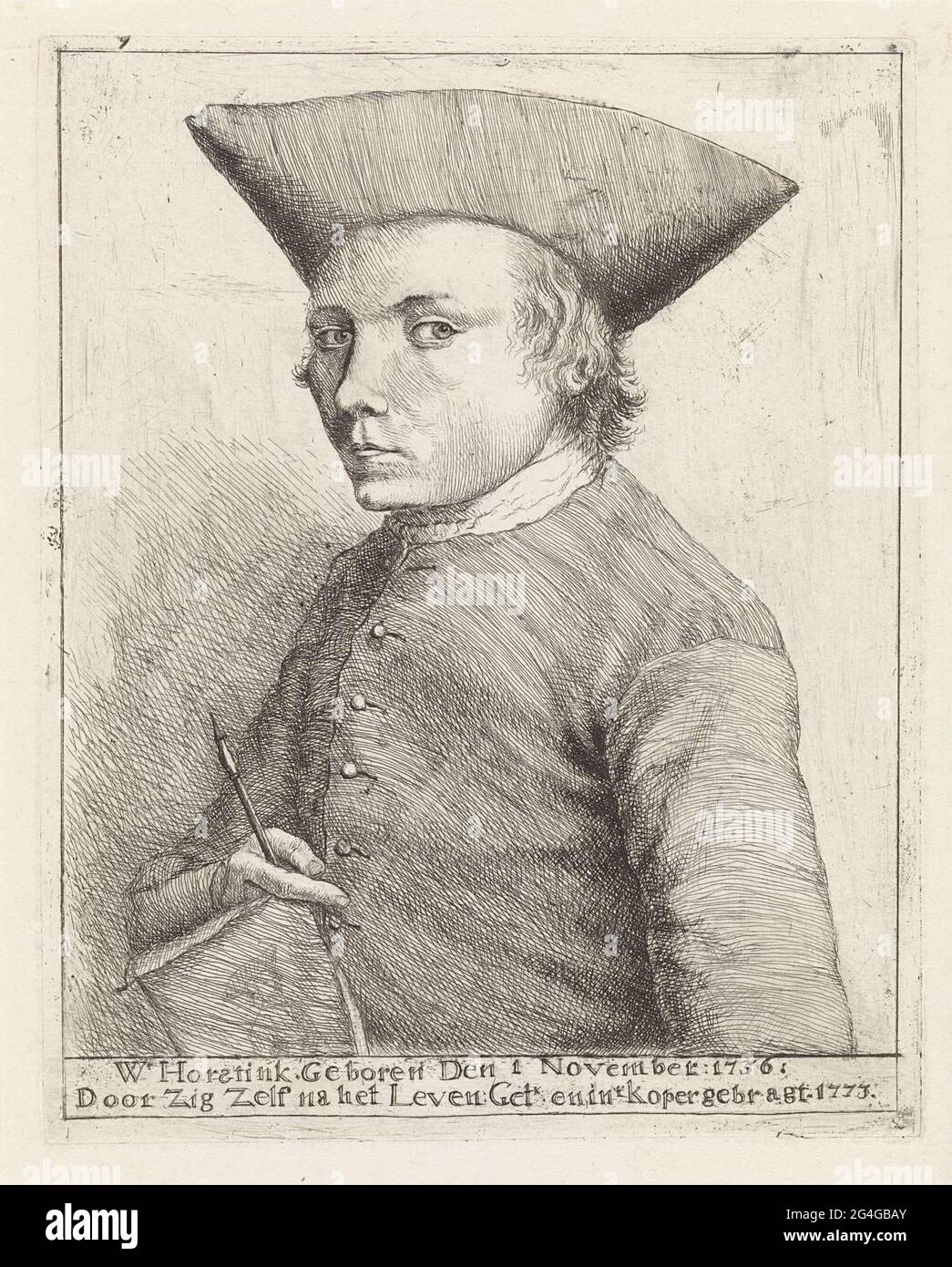 . Self-portrait of the artist Warner Horstink, with a drawing in his ...
