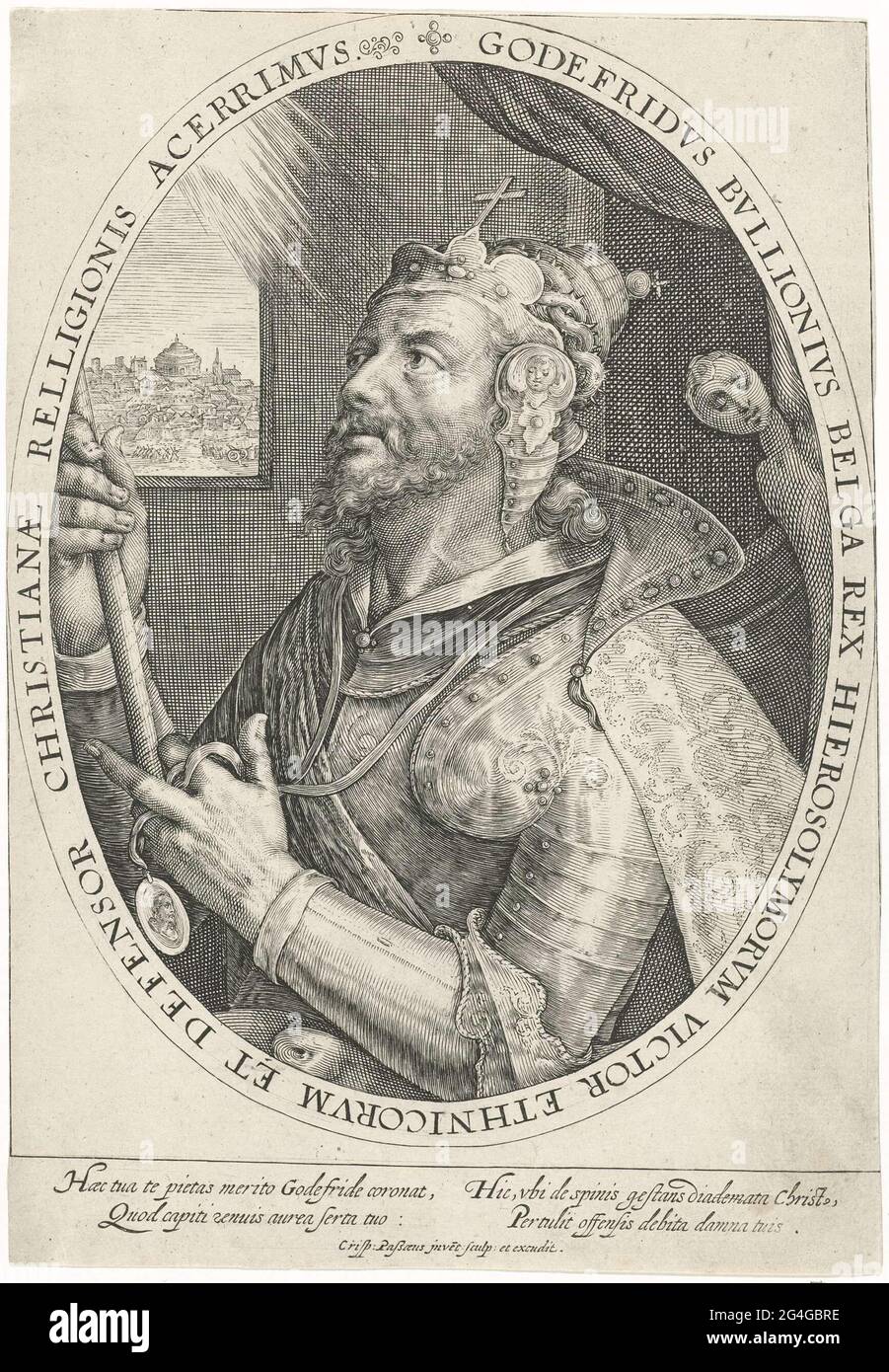 . The Christian hero Godfried of Bouillon. In the background the siege ...