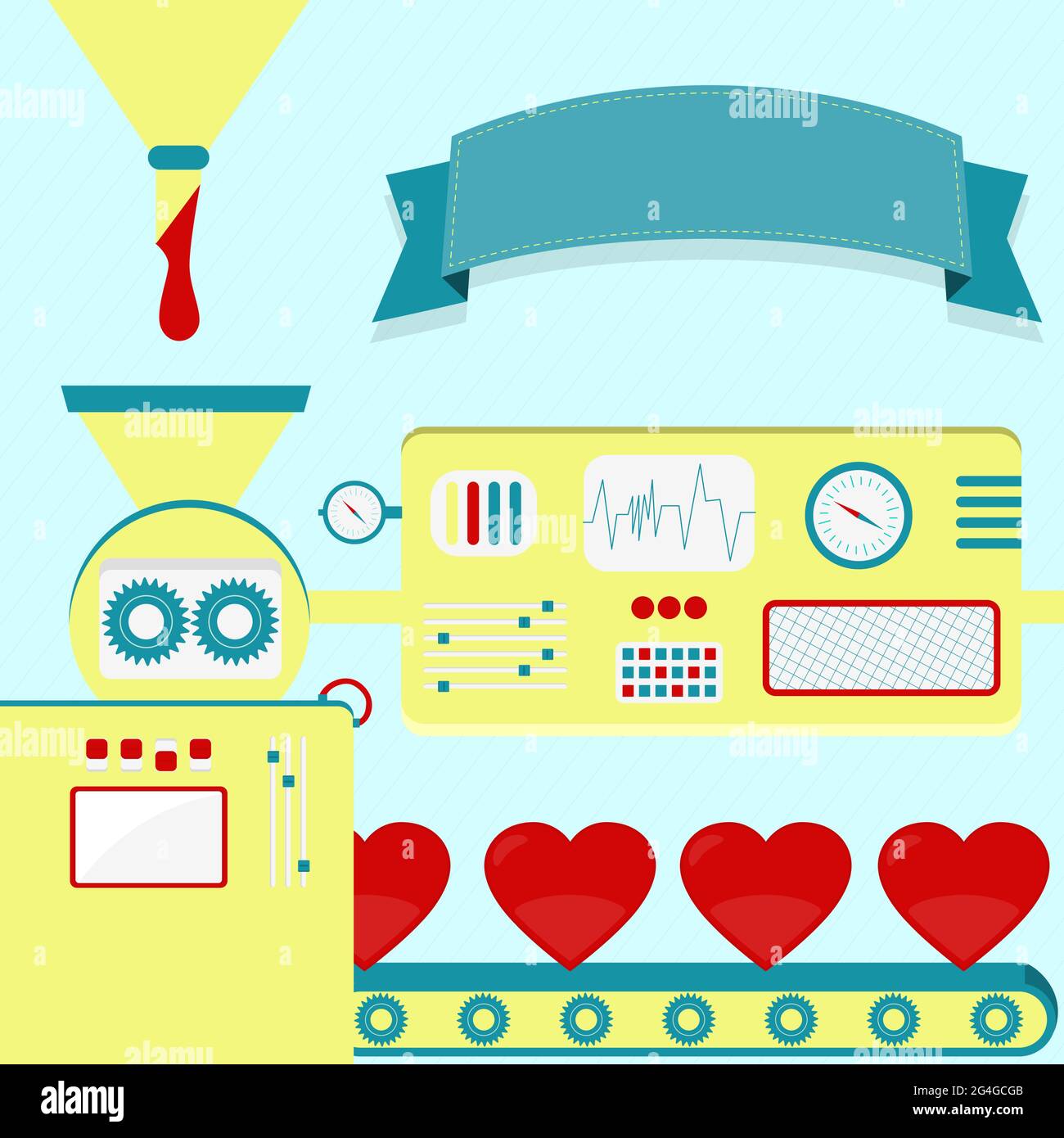 Vector illustration of factory producing heart shape. Hearts production ...