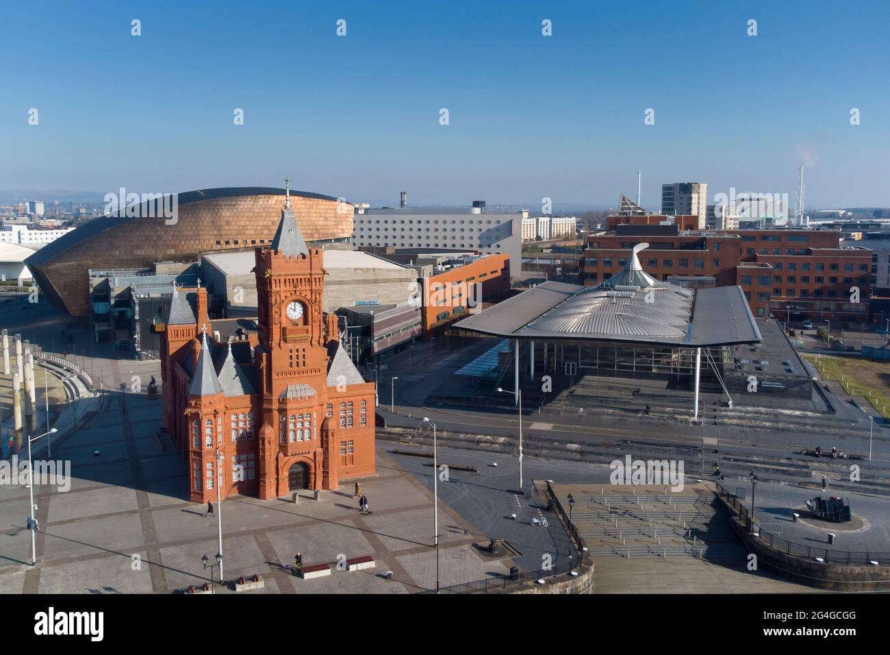 A an aerial view of Cardiff Bay showing the Pierhead building and ...