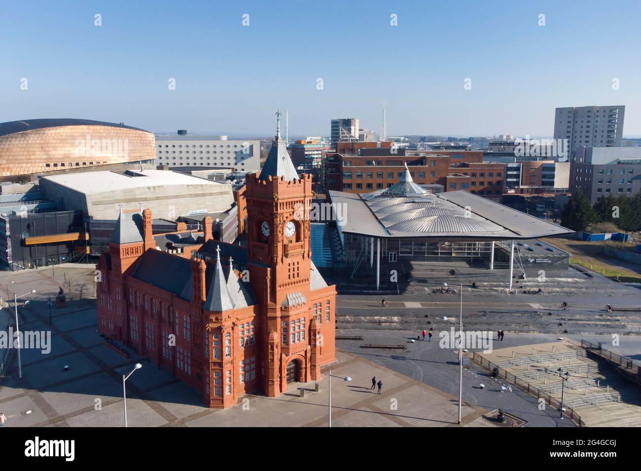 A an aerial view of Cardiff Bay showing the Pierhead building and ...