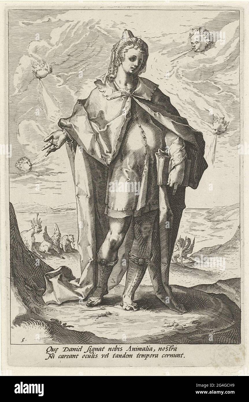 . The prophet Daniël, with the four animals behind him from his vision ...