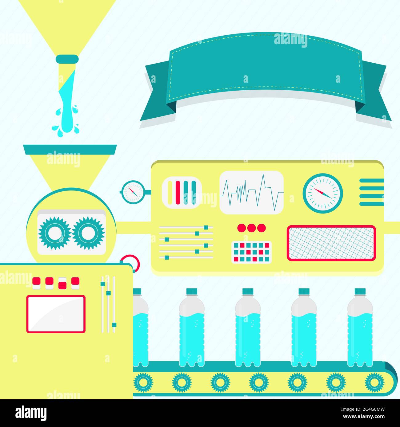 Vector illustration of factory producing bottle of water. Empty ribbon ...