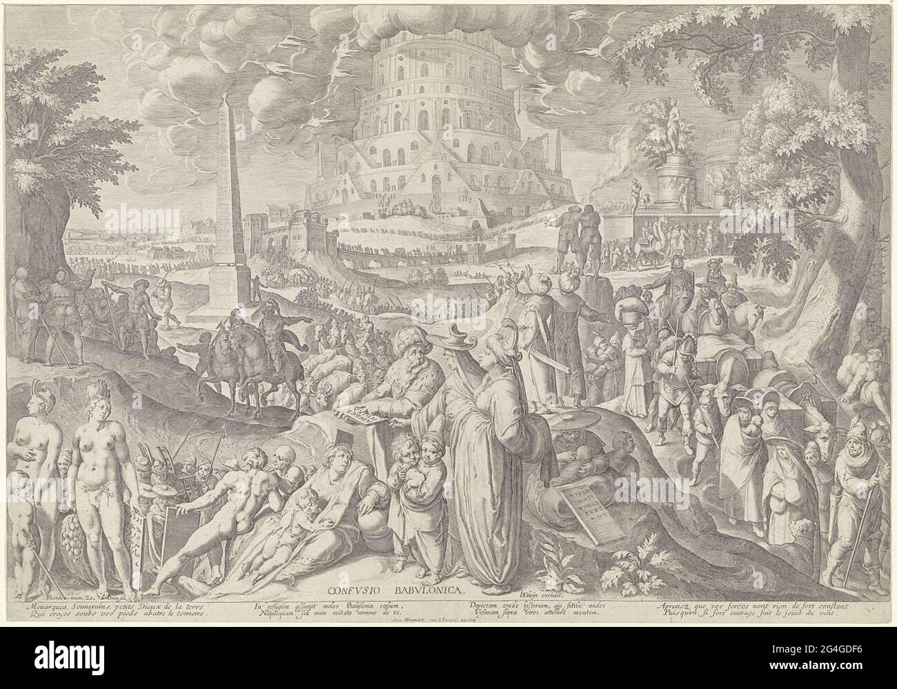 . In the background the construction of the tower of Babel. Around the ...
