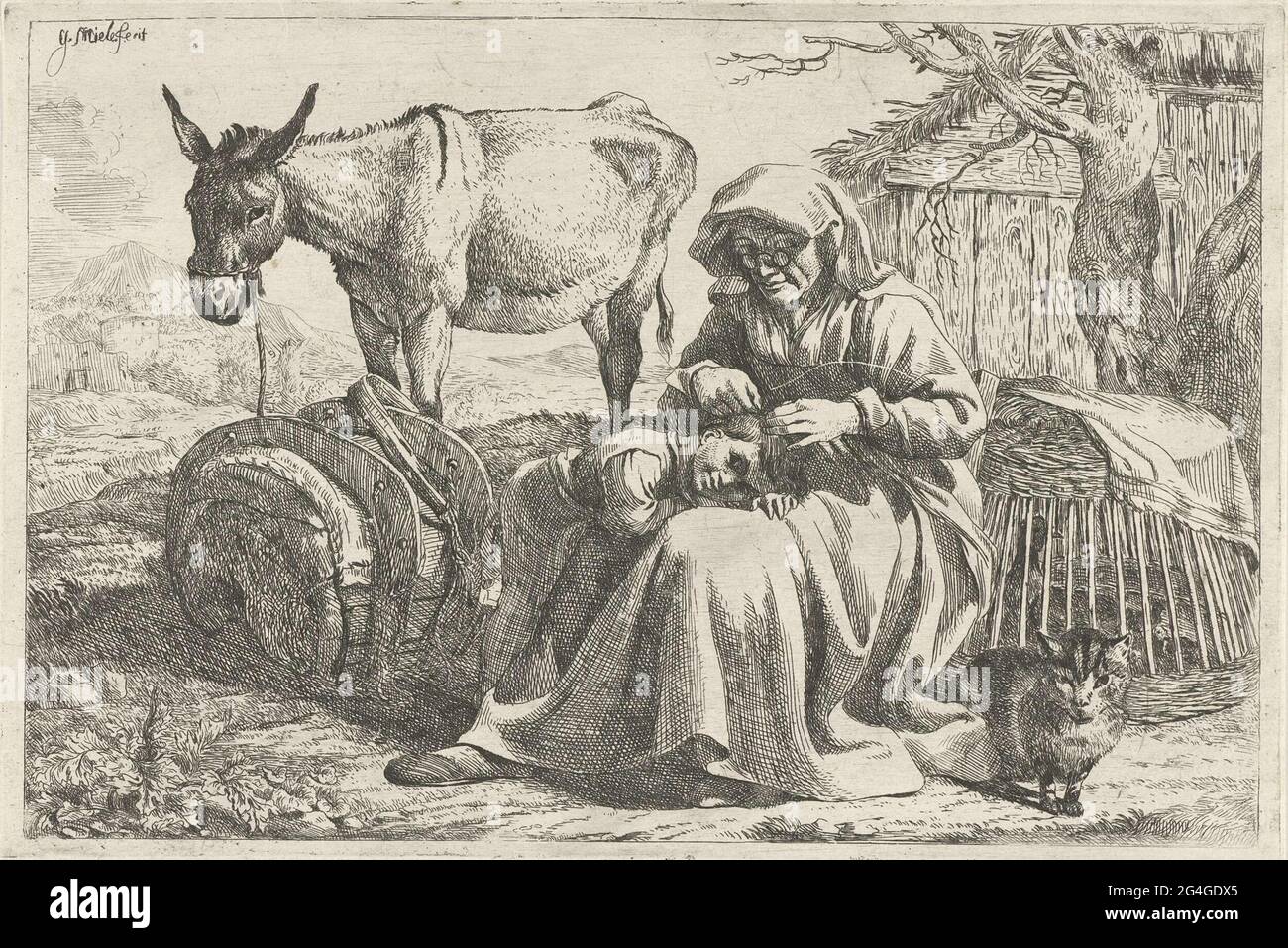 . An old woman with a lorgnet on her nose listen to a child, which lies ...