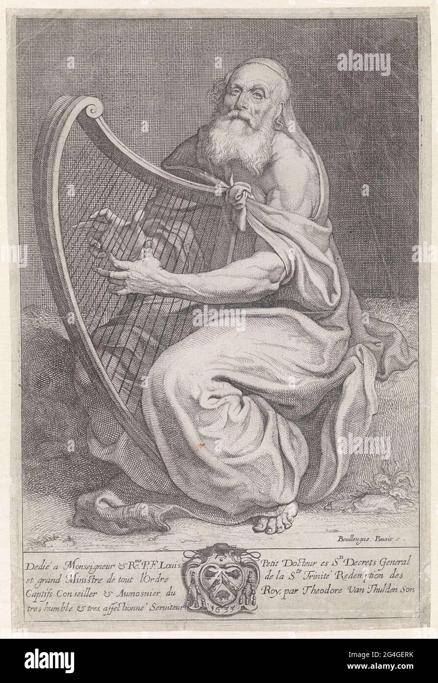 . David plays the harp. In the middle of the margin the coat of arms of ...