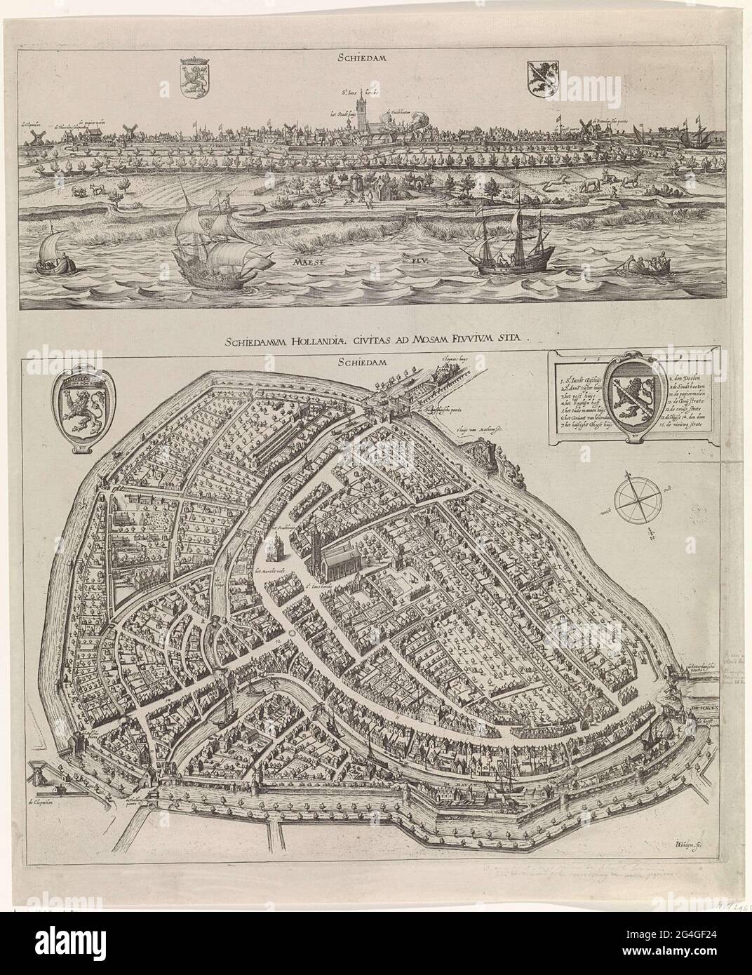 . Above a panorama of Schiedam, with the river Maas river and in the ...