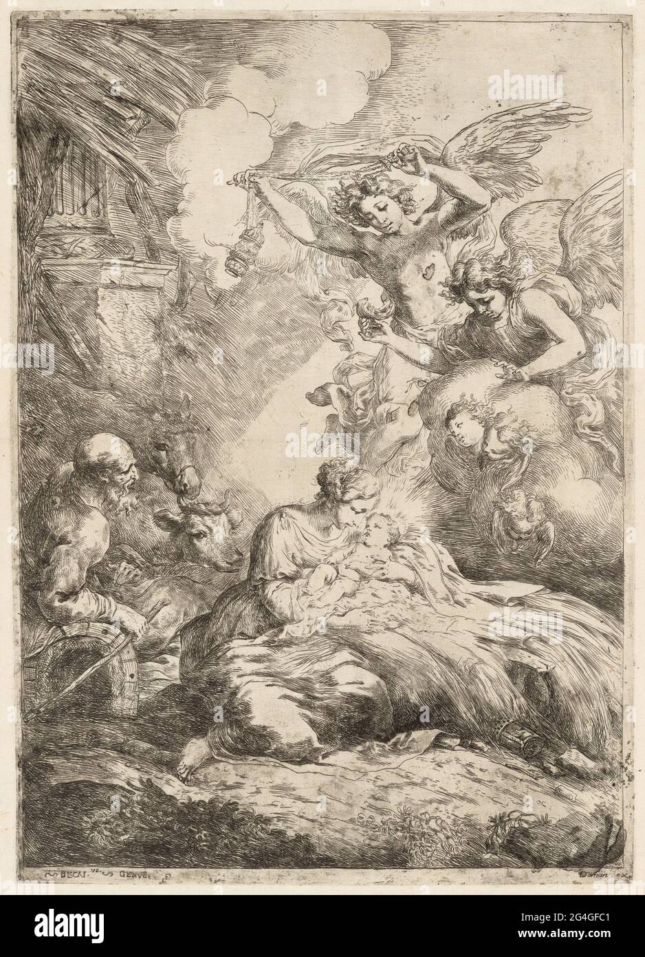 The Holy Family Adored by Angels (The Large Nativity), c. 1655 Stock ...